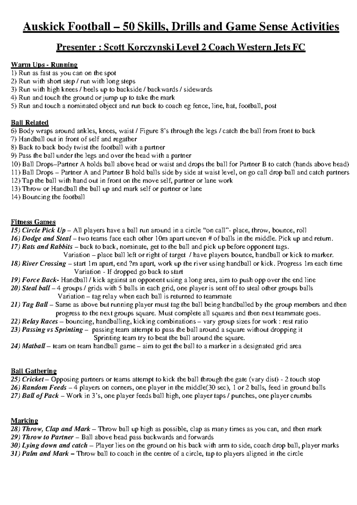 AFL Skills and Drills: 50 Activities for Auskick Training - Studocu