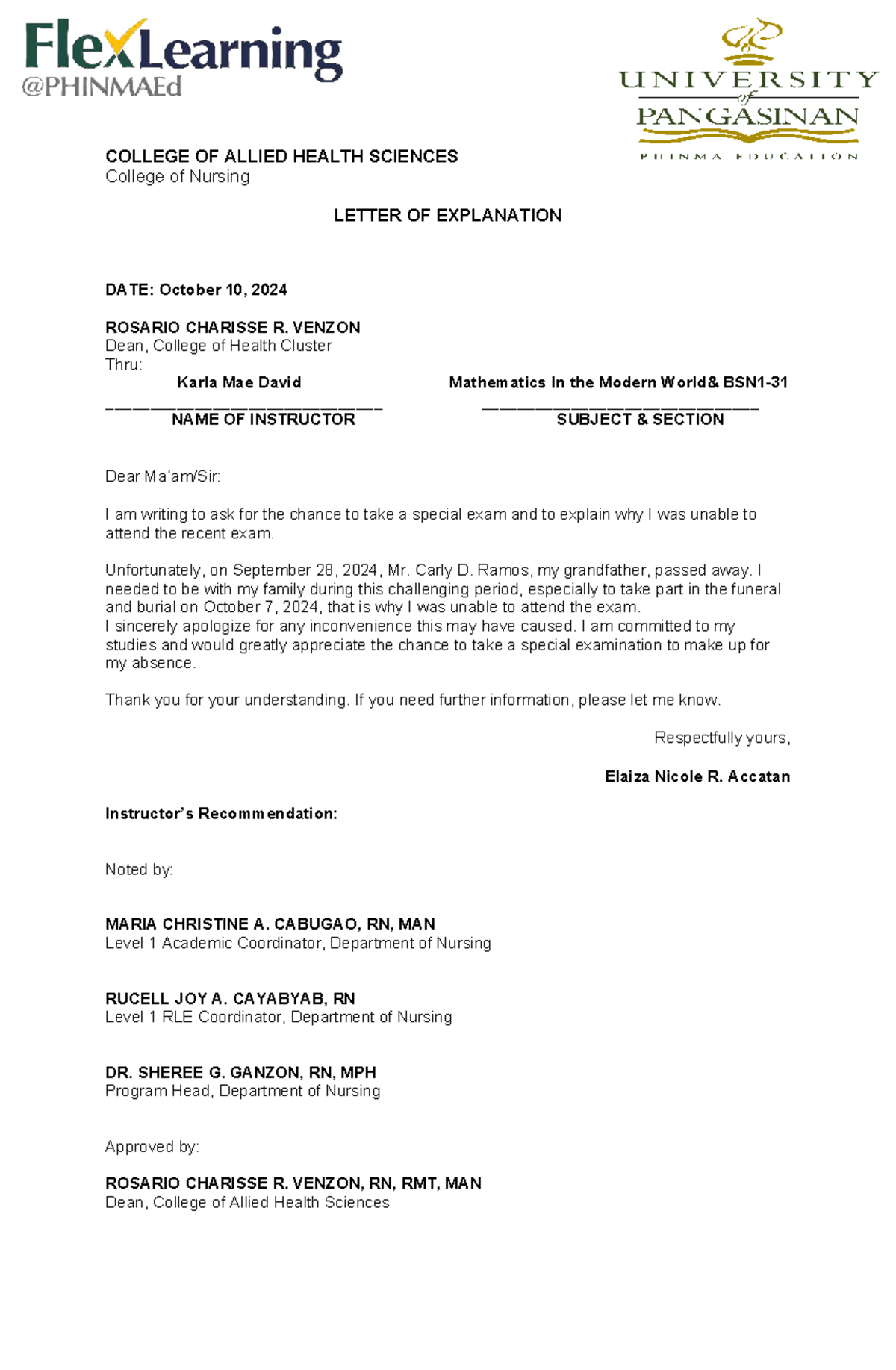 Level 1 Letter of Explanation for Special Exam Request - Studocu