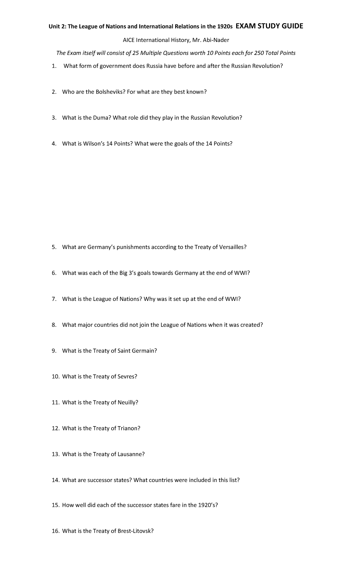 AICE International History Unit 2 Exam Study Guide - Studocu