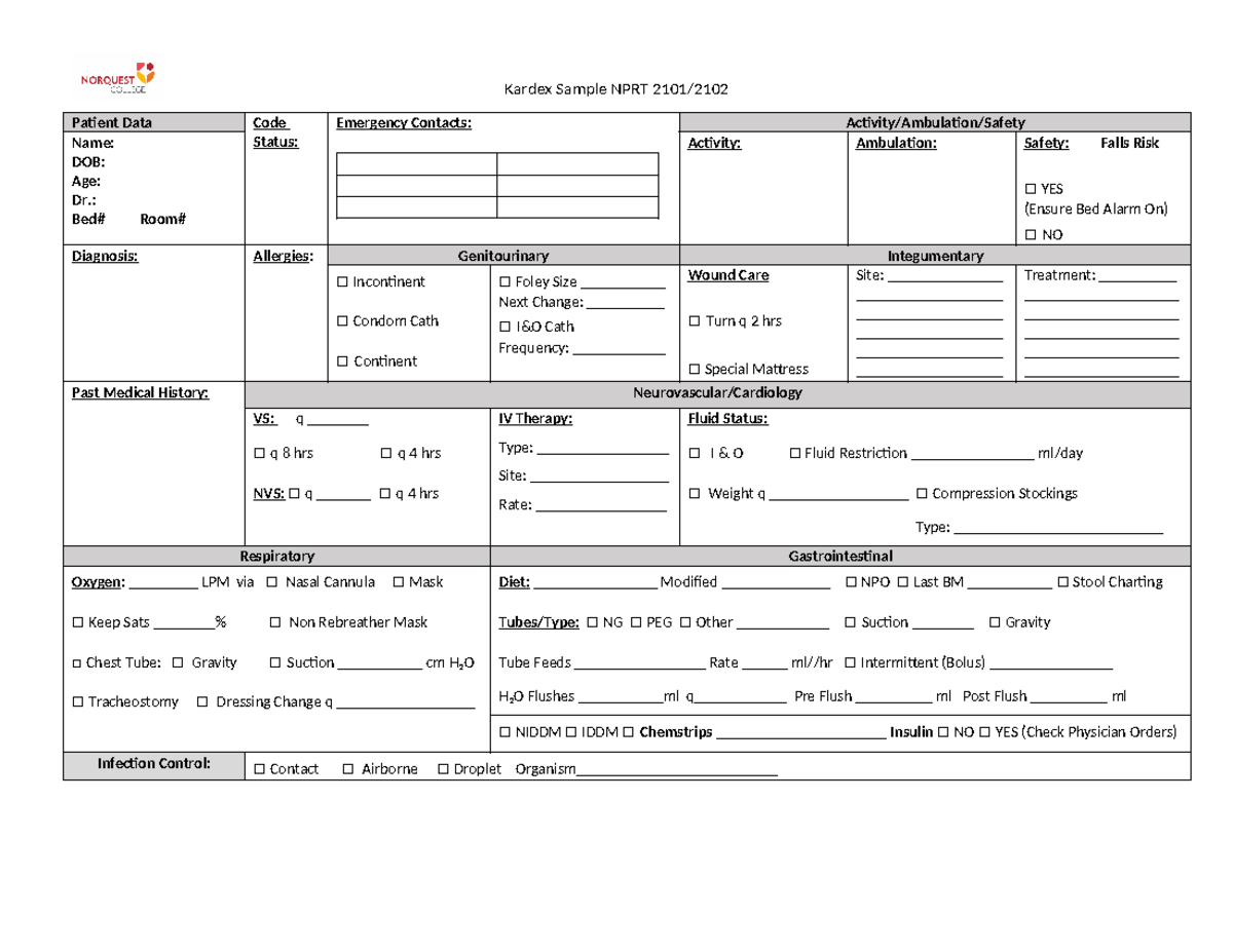 Kardex Sample for Patient Care - NPRT 2101 Documentation - Studocu