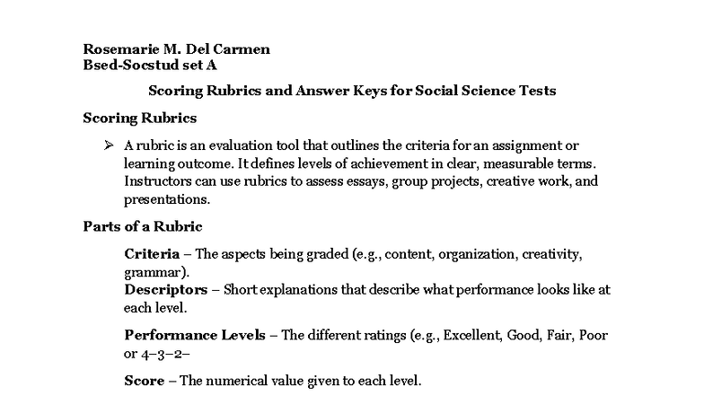 Assessment Notes: Scoring Rubrics & Answer Keys for Social Science ...