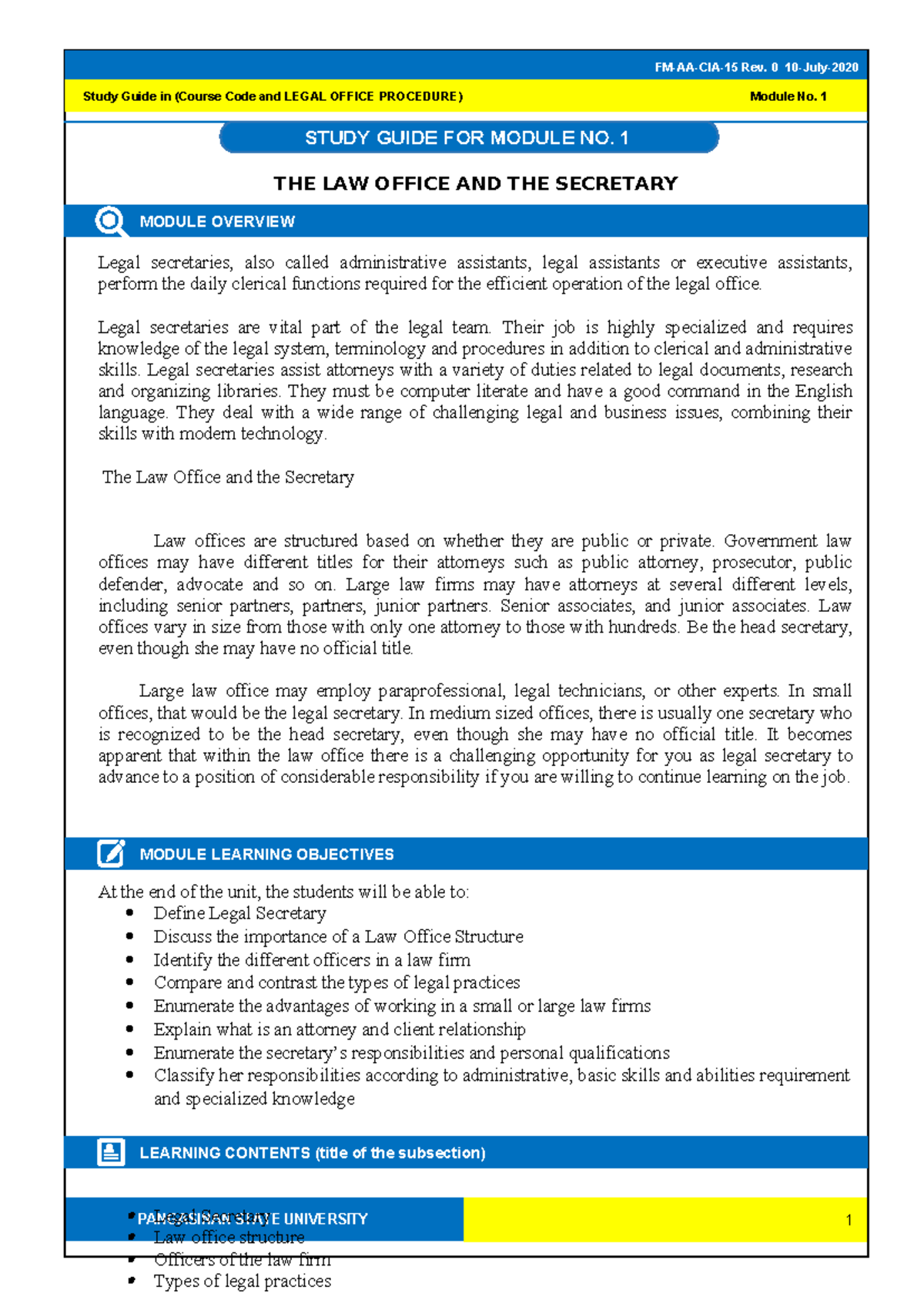 Rev. 0 Study Guide for LEGAL OFFICE PROCEDURE (Course Code) Module 1 ...