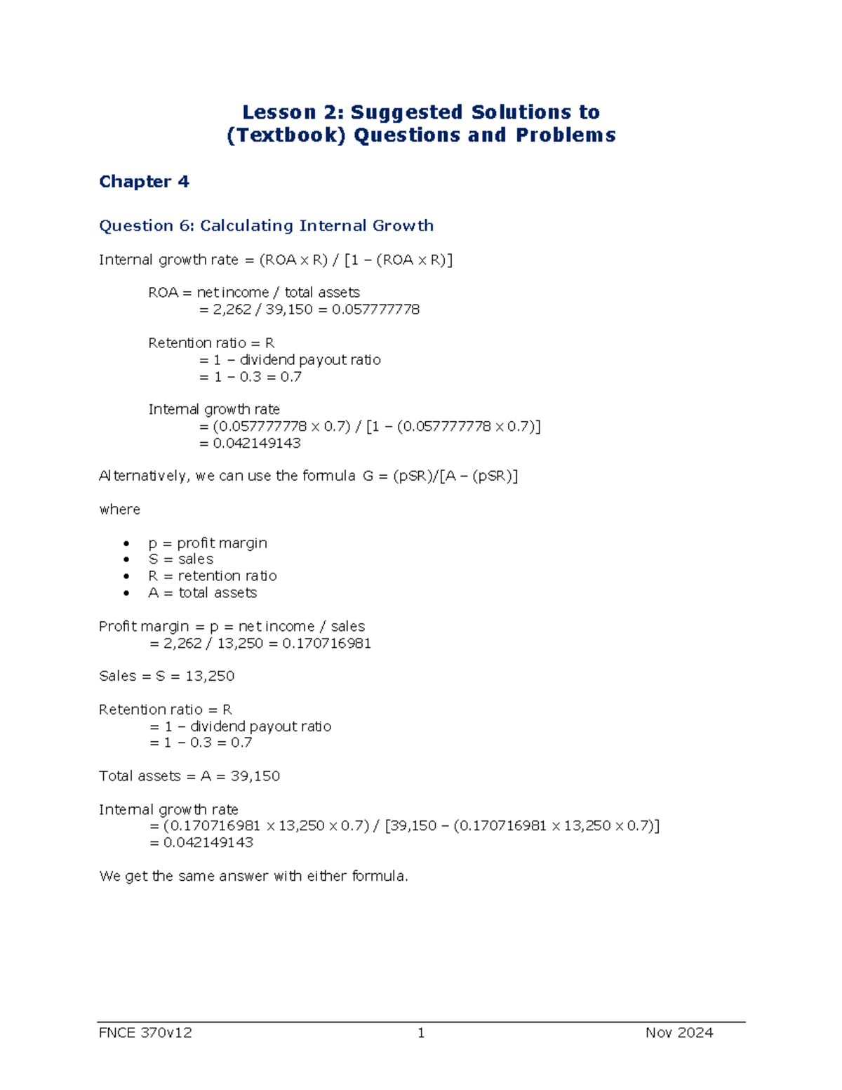 FNCE 370v12 Lesson 2: Solutions to Textbook Questions & Problems - Studocu