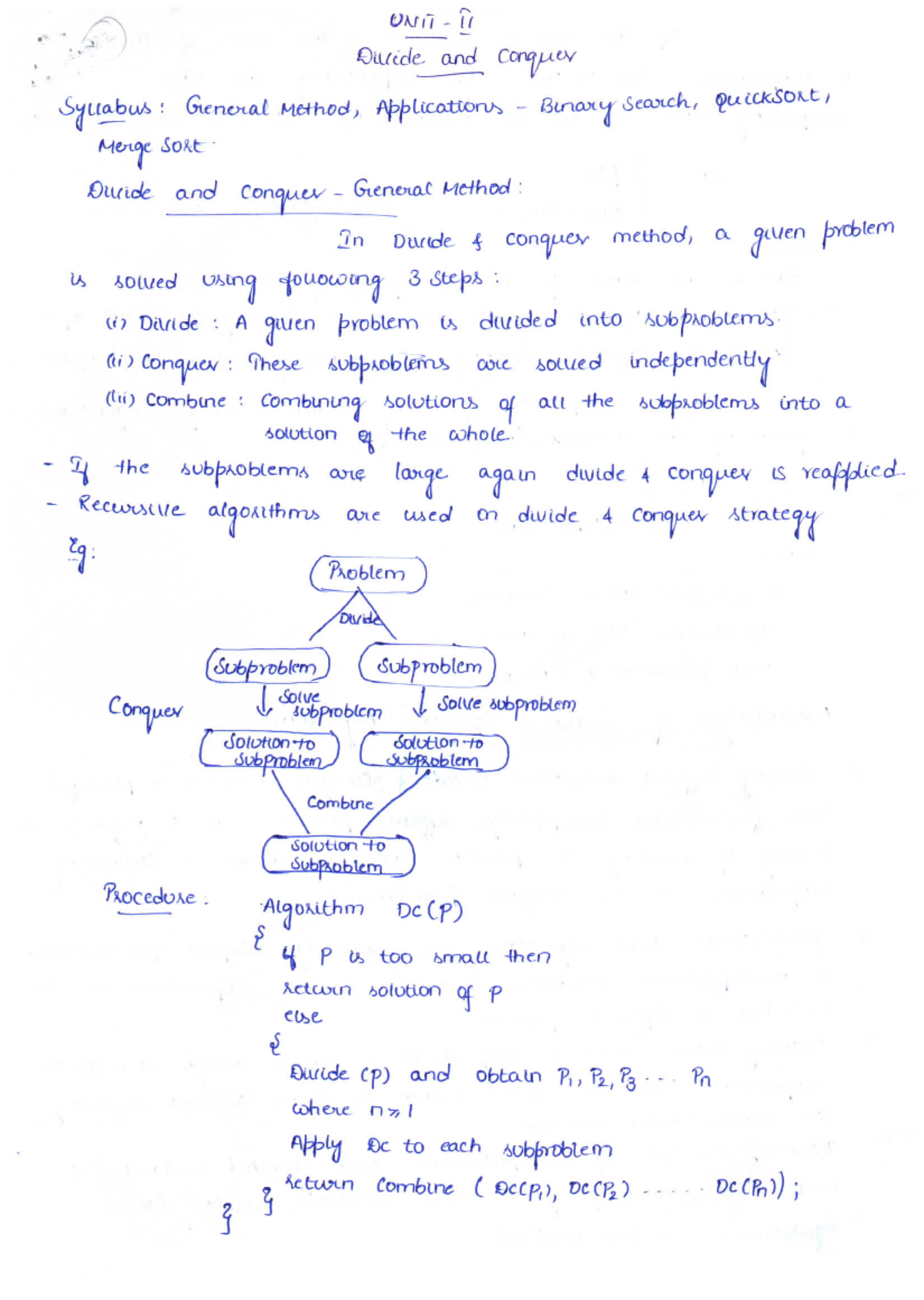 Unit II: Divide and Conquer Methods - Syllabus and Algorithms - Studocu