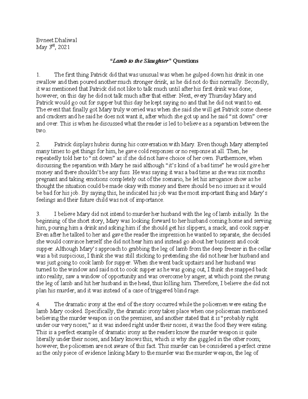 Lamb to the Slaughter Questions - Bvneet Dhaliwal May 3rd, 2021 “Lamb ...