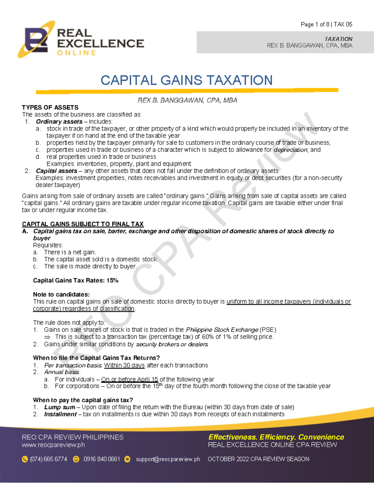 Capital Gains Taxation Insights for REO CPA Review (TAX 101) - Studocu