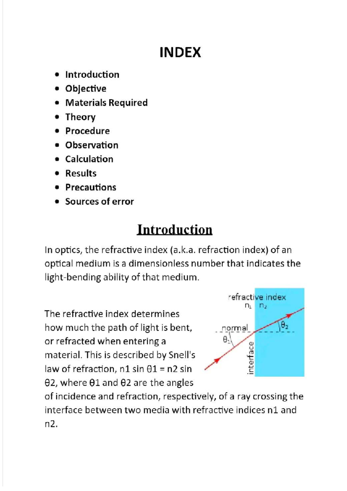 Physics Project 3: Measuring Refractive Index of Water & Oil - Studocu