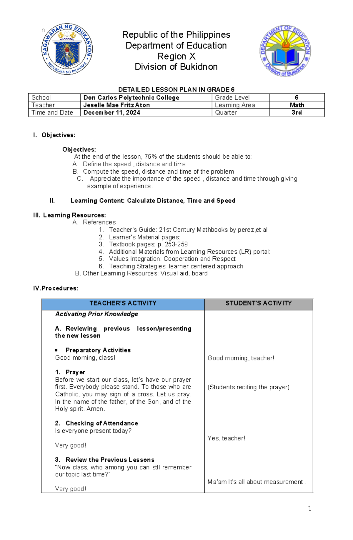 Math grade 6 demo - math time speed - n DETAILED LESSON PLAN IN GRADE 6 ...