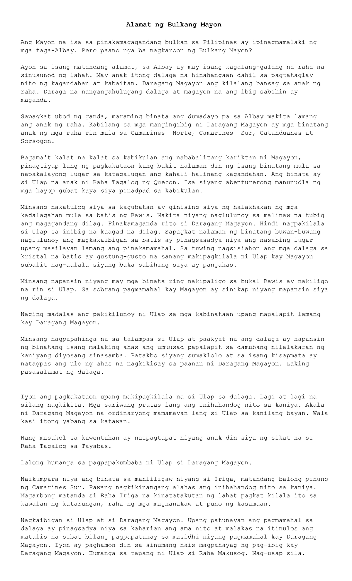 Alamat ng Bulkang Mayon: Kuwento ni Daragang Magayon at Ulap - Studocu