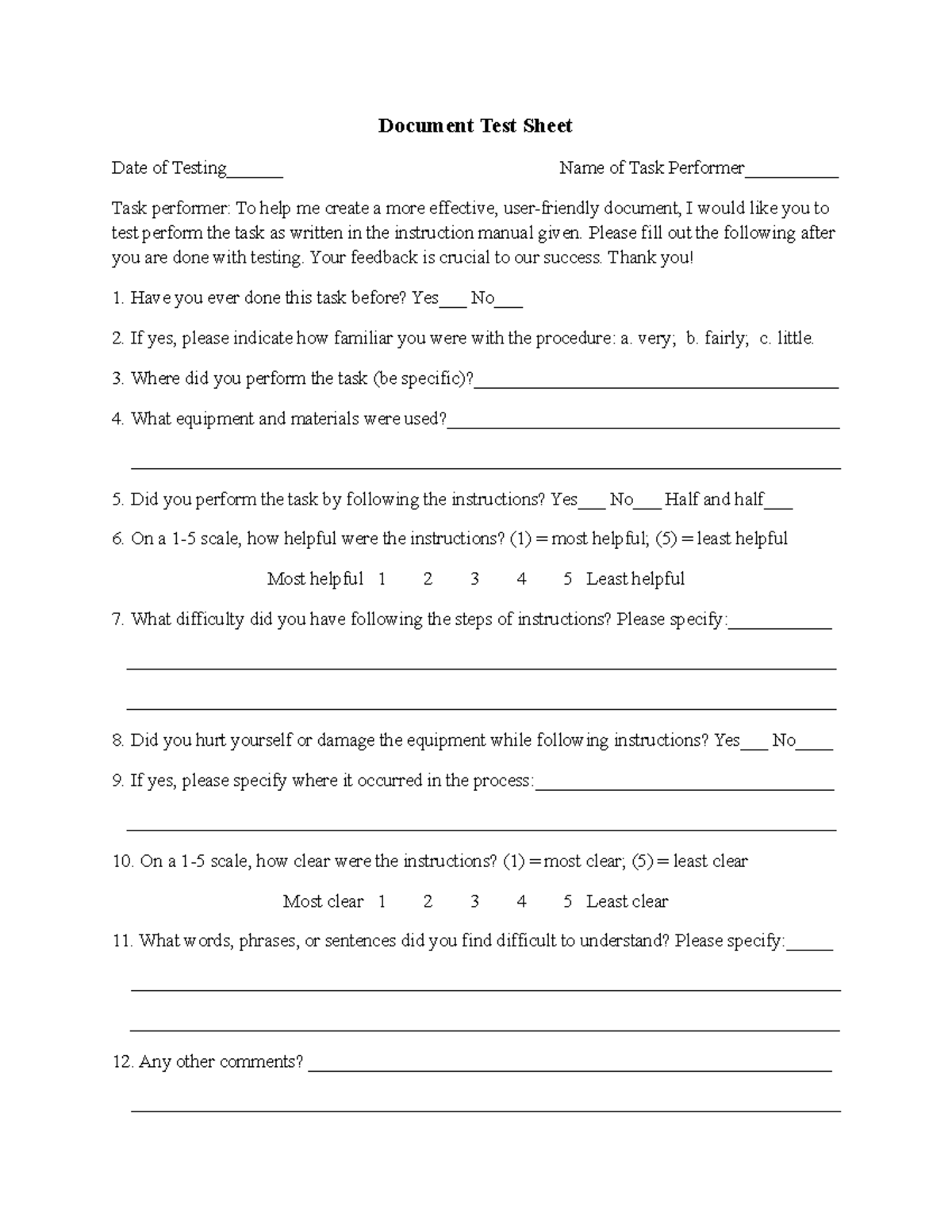 Document Test Sheet - Notes - Document Test Sheet Date of Testing ...
