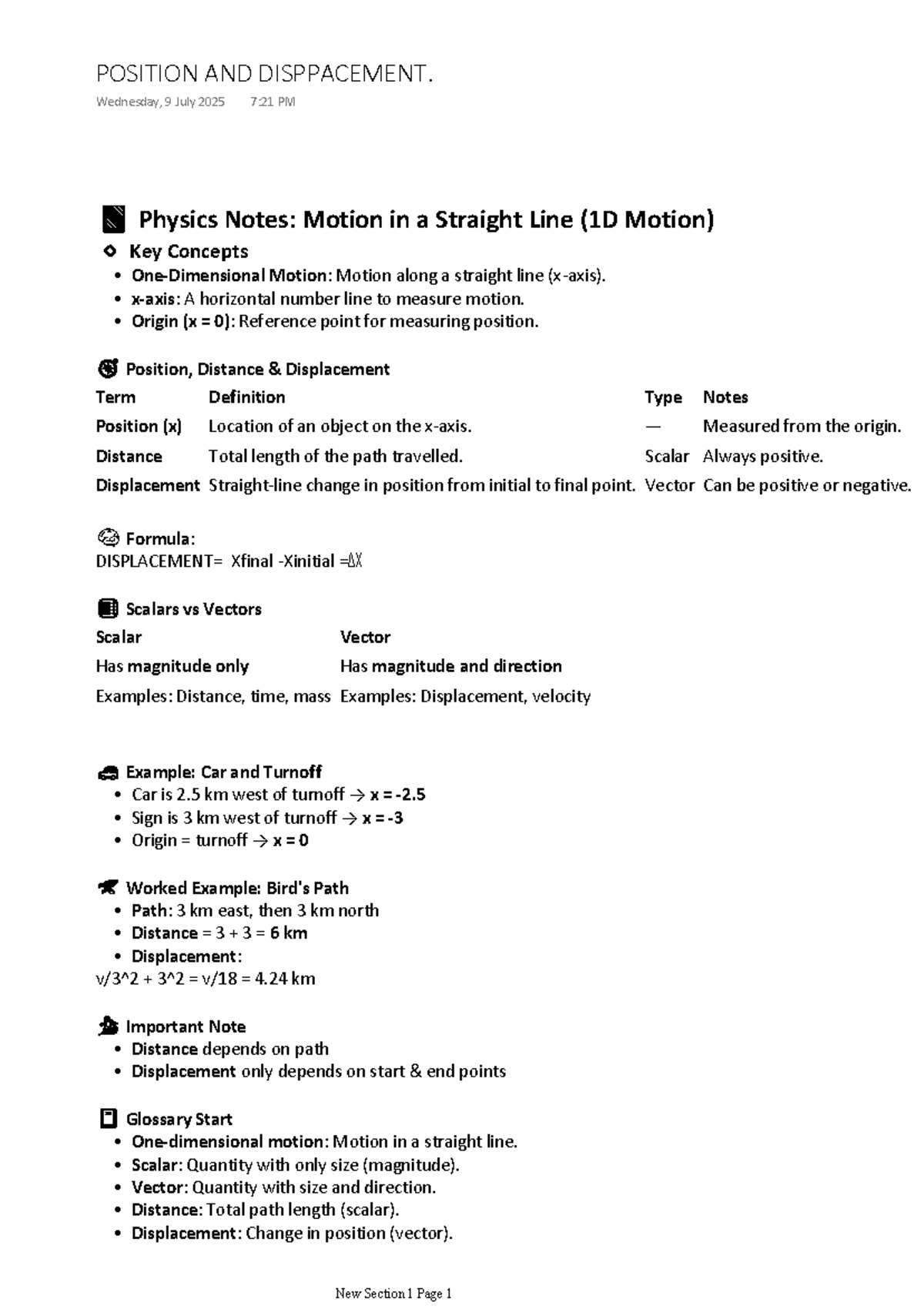 Physics 101: Position and Displacement Notes on 1D Motion - Studocu
