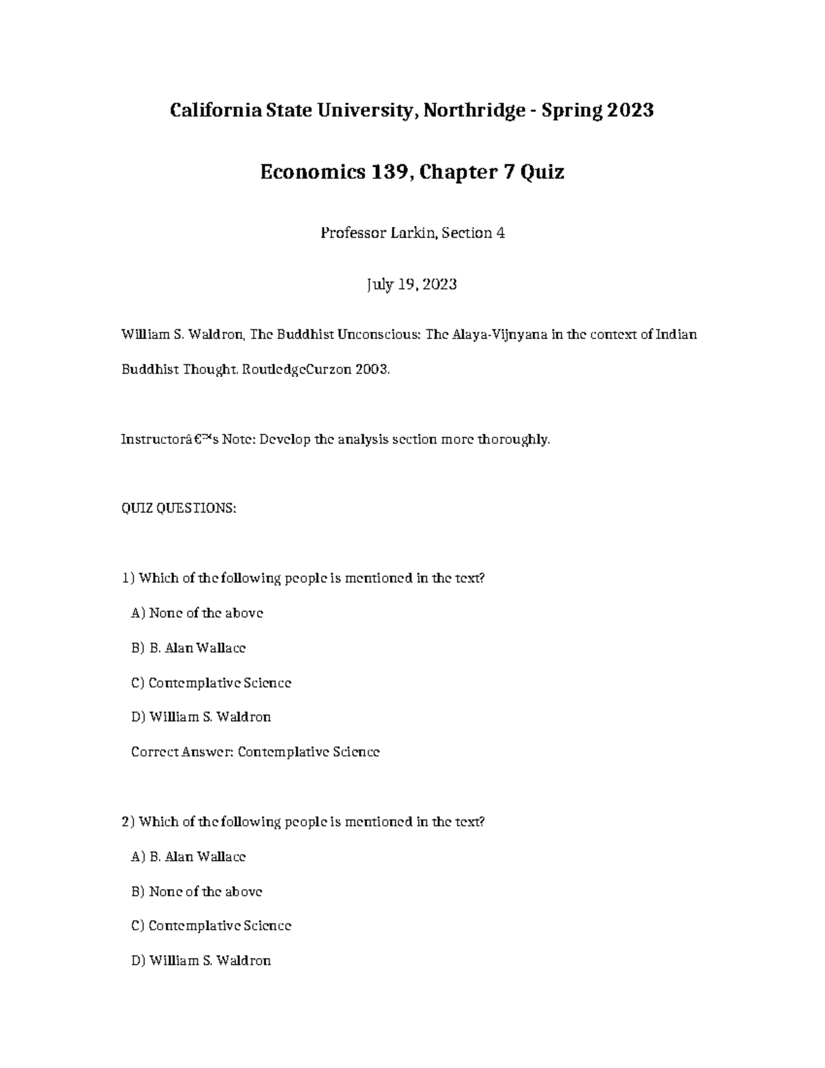 Economics 139 Chapter 7 QUIZ - California State University, Northridge ...