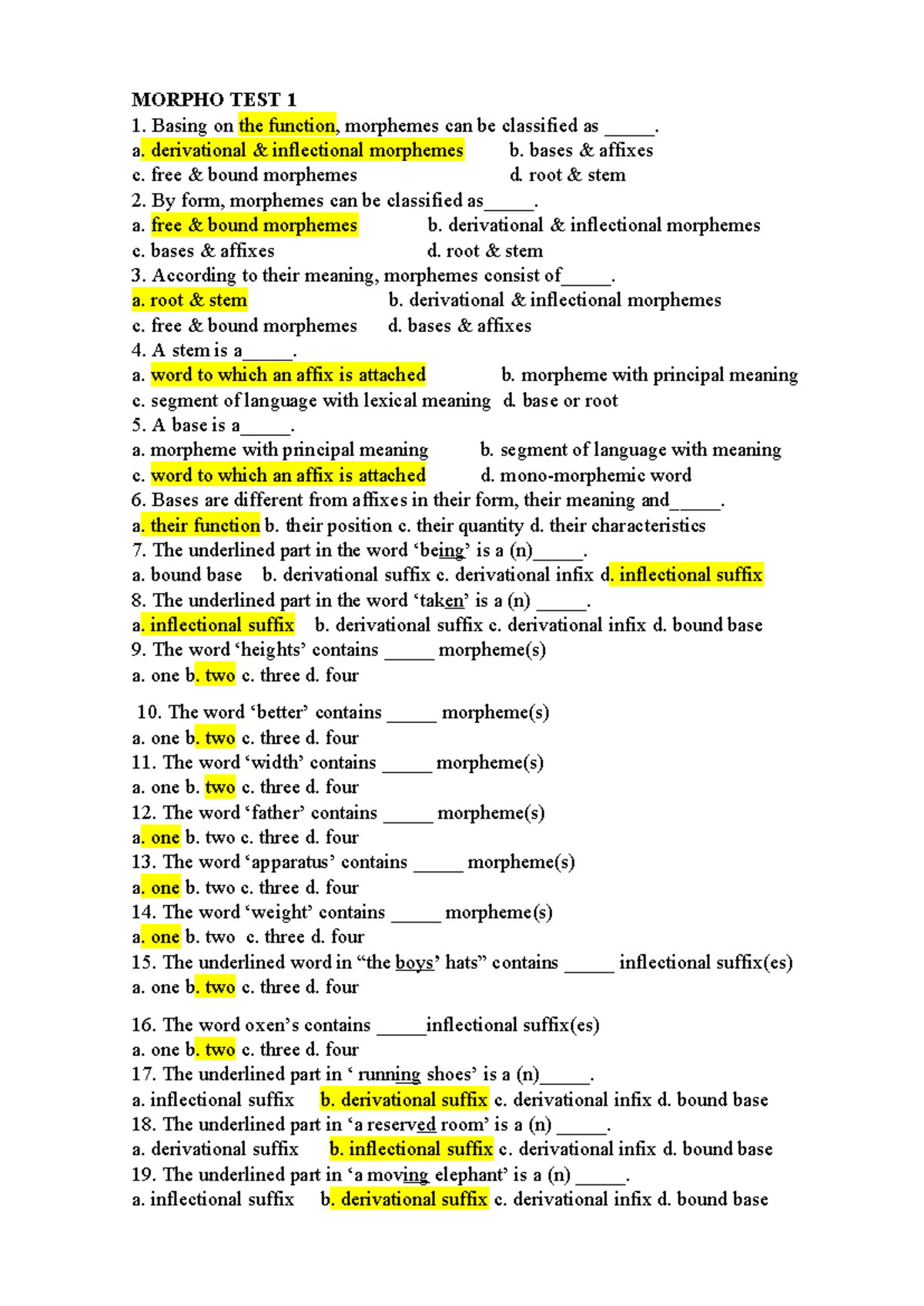 MORPHO 101: Comprehensive Test on Morphemes and Word Formation - Studocu