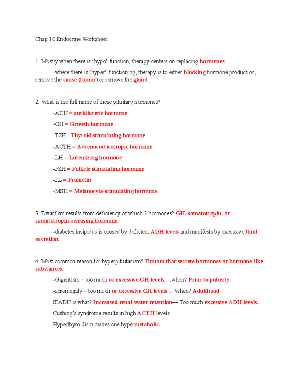 Patho 7: Endocrine worksheet on hormone functions and disorders - Studocu