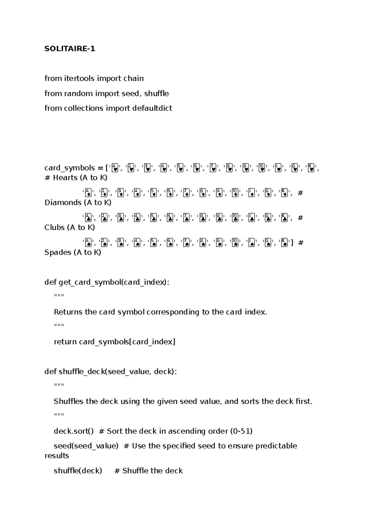 COMP9021-A1 Full Mark - Assignment 1 Solitaire Implementation - Studocu