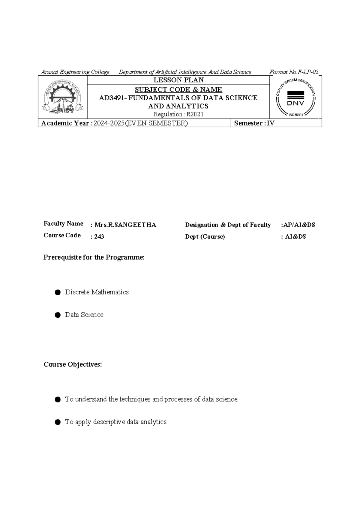 Lesson Plan for AD3491: Fundamentals of Data Science (2024-25) - Studocu