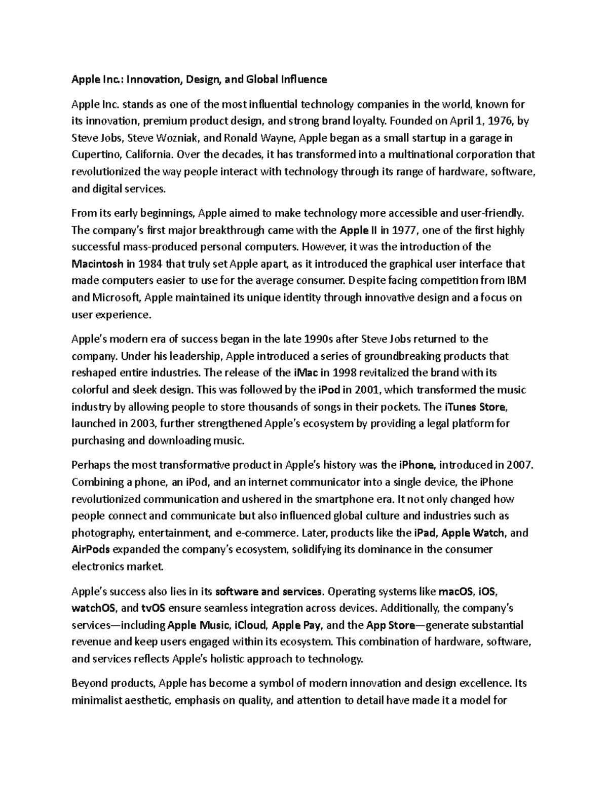 Apple Inc.: Innovation, Design, and Global Impact Analysis - Studocu