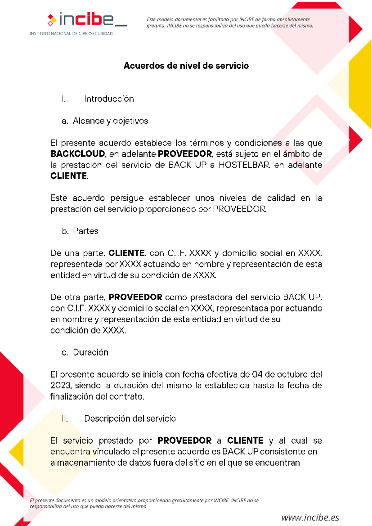 SLA Backcloud - ERTYU - incibe Este modelo documental es facilitado por ...