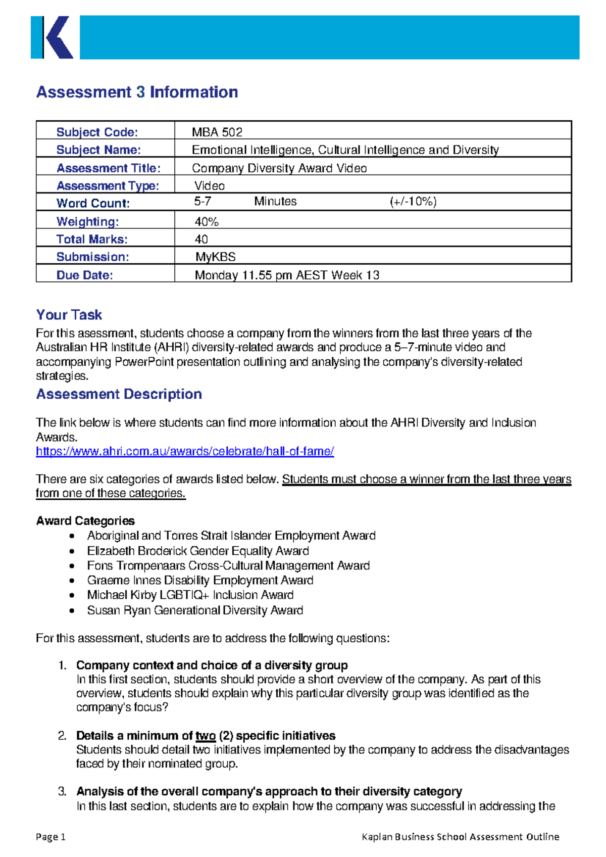 MBA502 T3 2021 A3 - assignment guide - Assessment 3 Information Subject Code: MBA 502 Subject ...