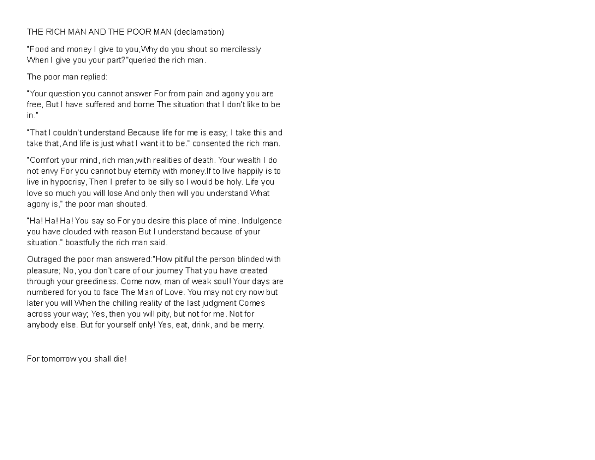 THE RICH MAN AND THE POOR MAN (Declamation Analysis) - Studocu