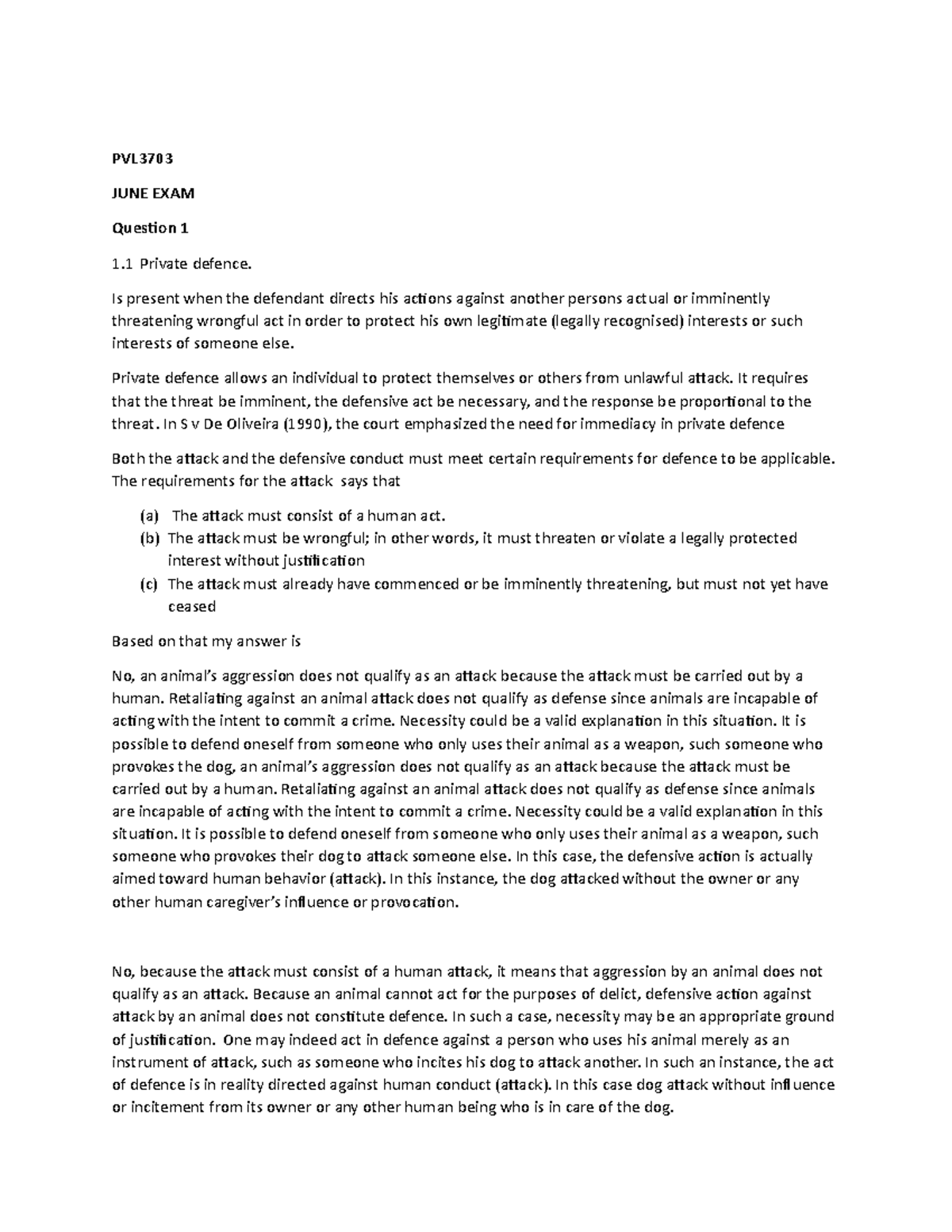 PVL3703 June Exam: Legal Principles on Private Defence and Negligence ...