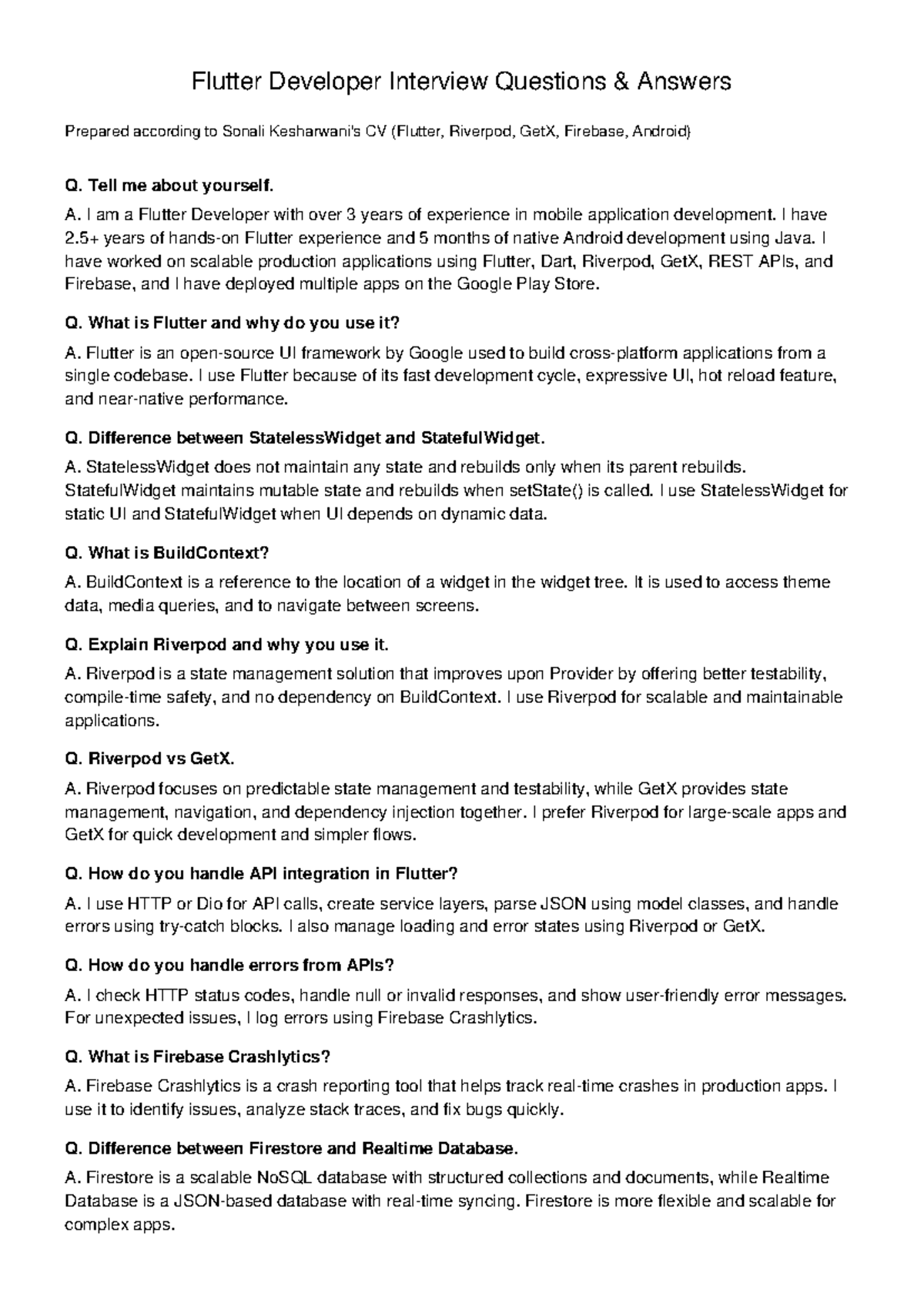 Flutter Developer Interview Q&A for M.Tech First Year (ITM) - Studocu