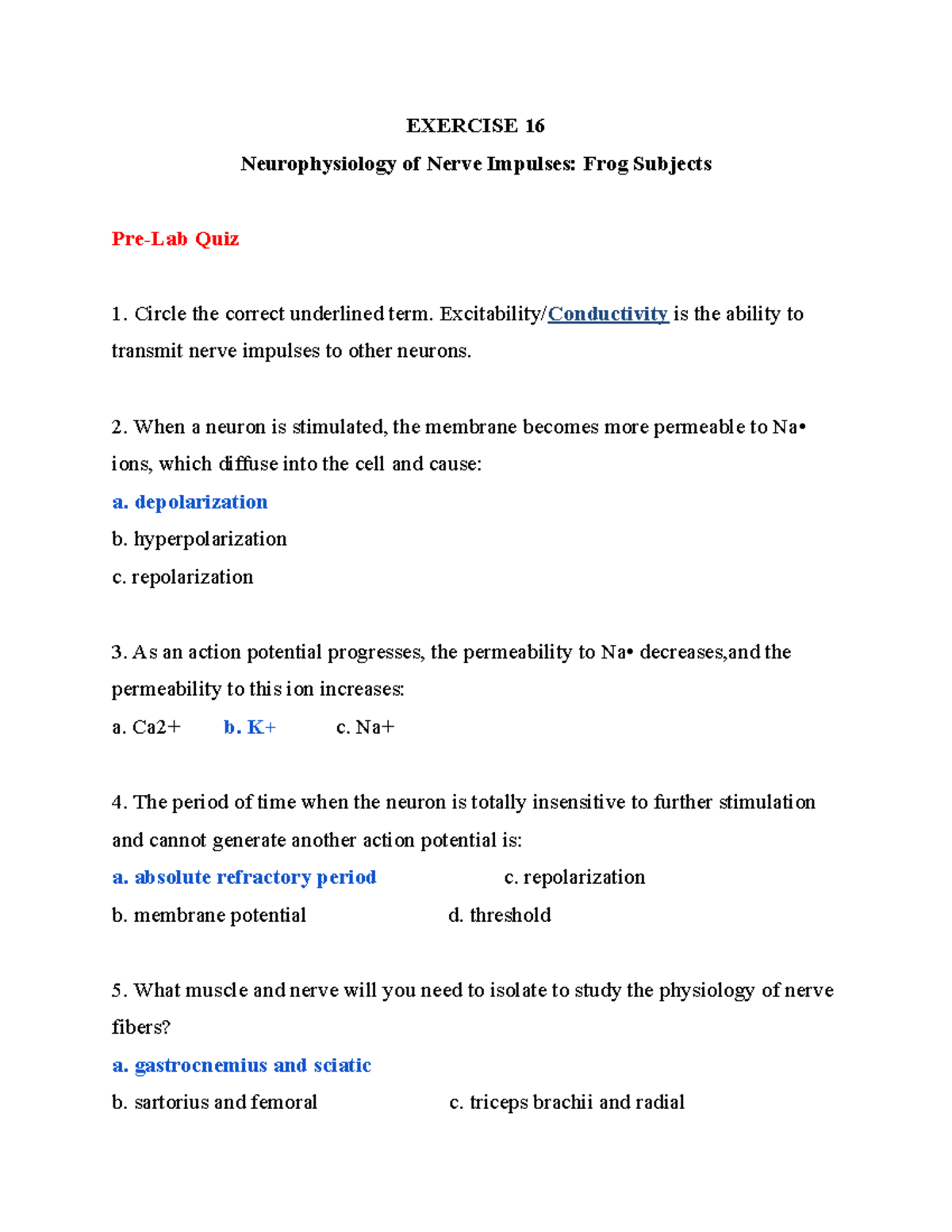 Exercise 16: Neurophysiology of Nerve Impulses Lab Manual - Studocu