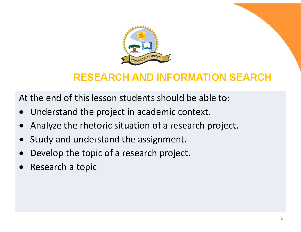 Research & Info Search: Understanding Your Project and Goals - Studocu