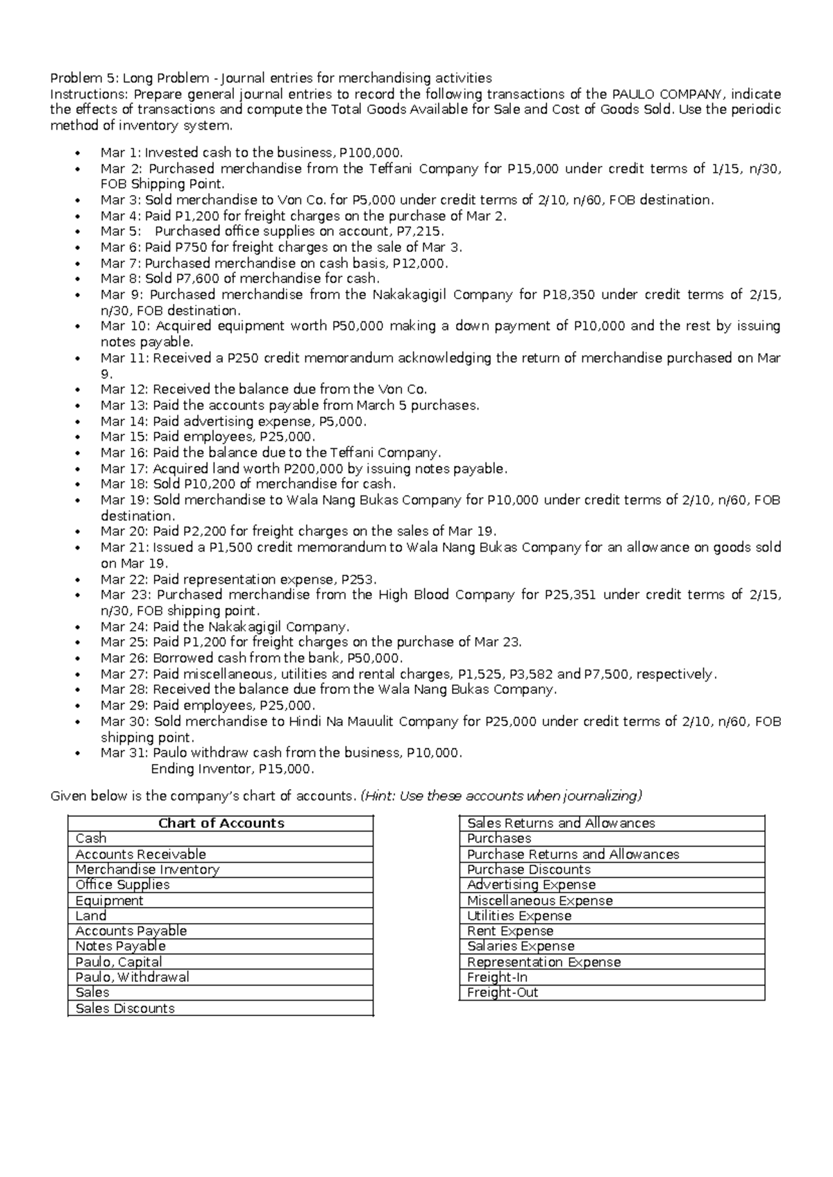 Paulo Company (ACCT 101) - Journal Entries for Merchandising Activities ...