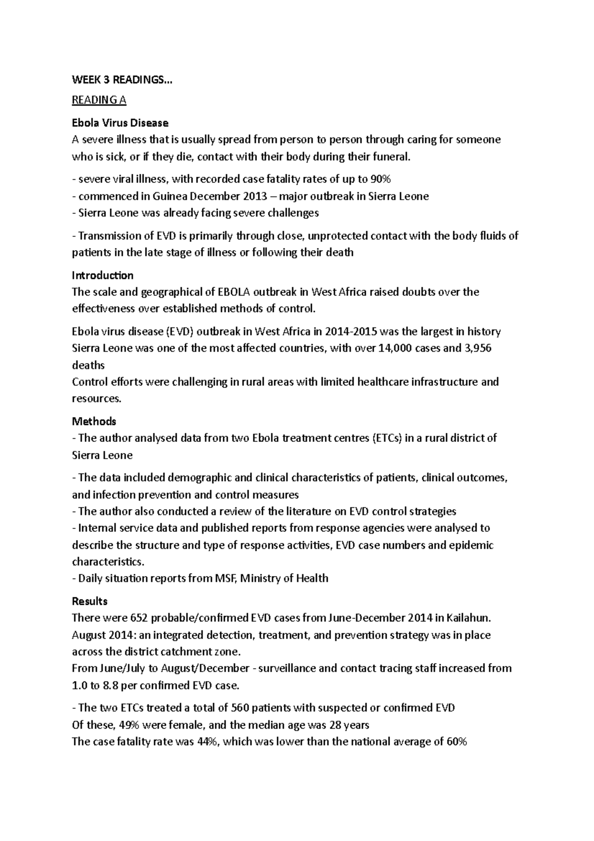 WEEK 3 Readings - WEEK 3 READINGS... READING A Ebola Virus Disease A ...