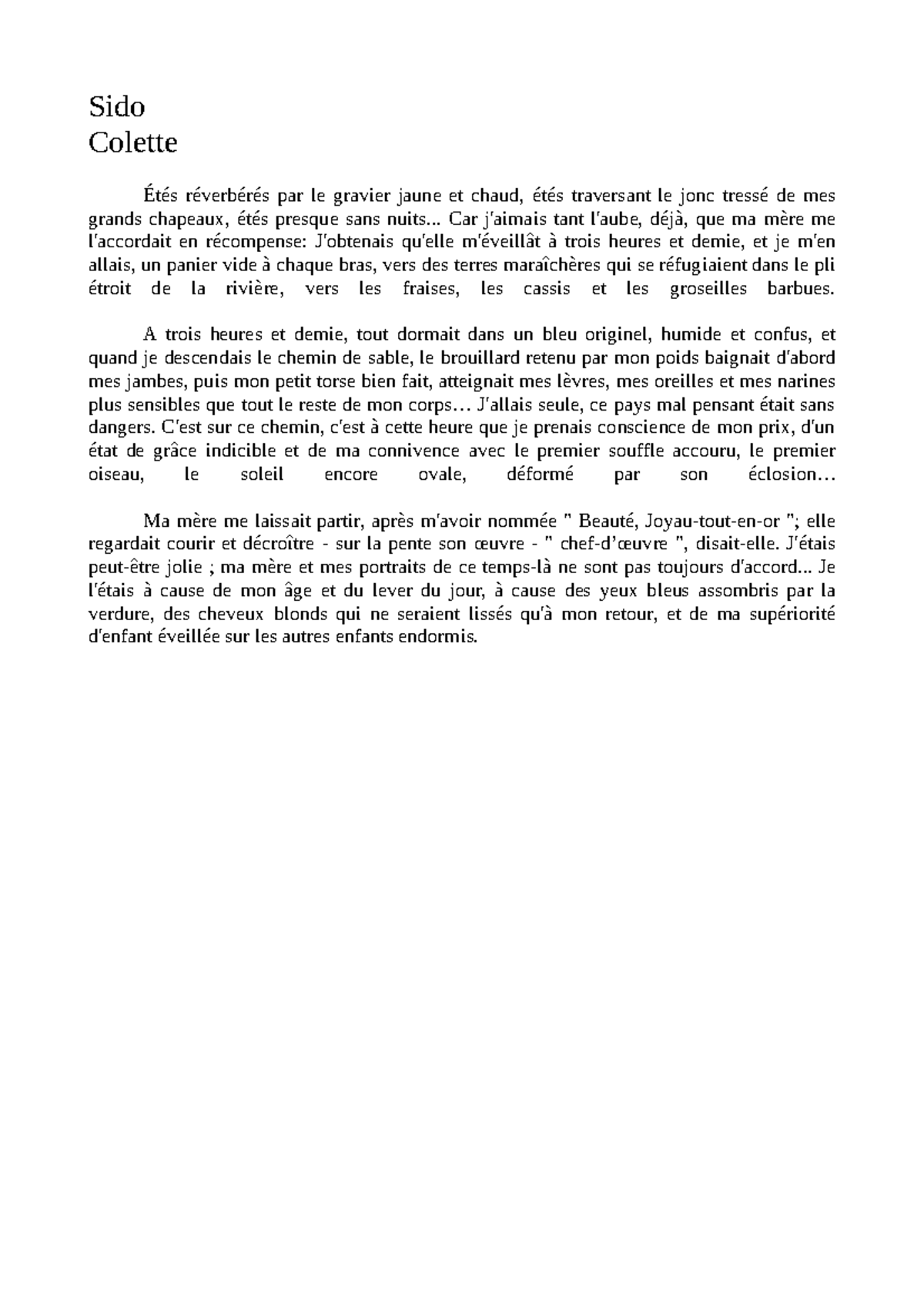 Analyse linéaire de "Sido" de Colette : Étés, Nature et Amour Maternel ...