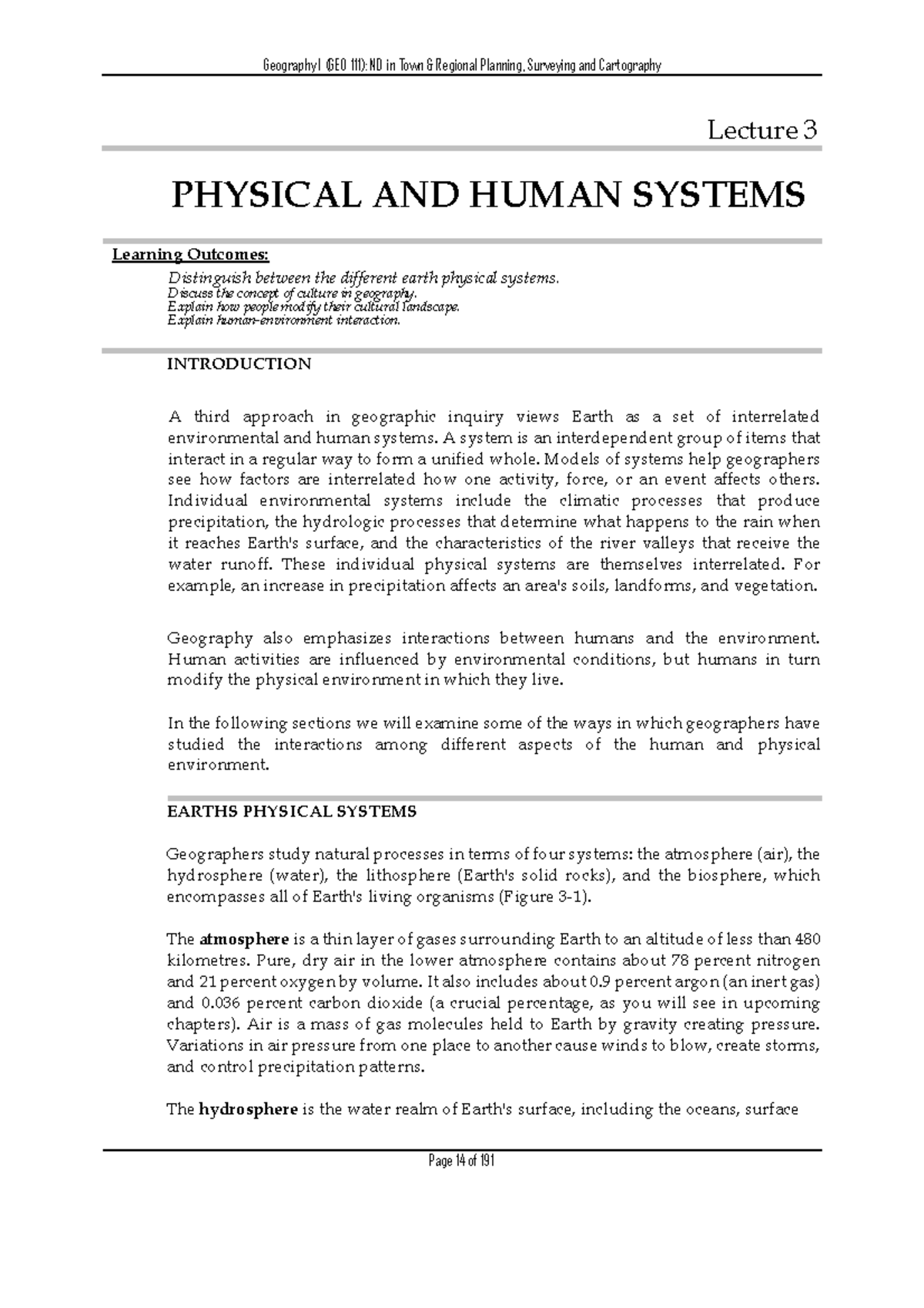 Geography I (GEO 111): Lecture 3 - Analysis of Physical & Human Systems ...
