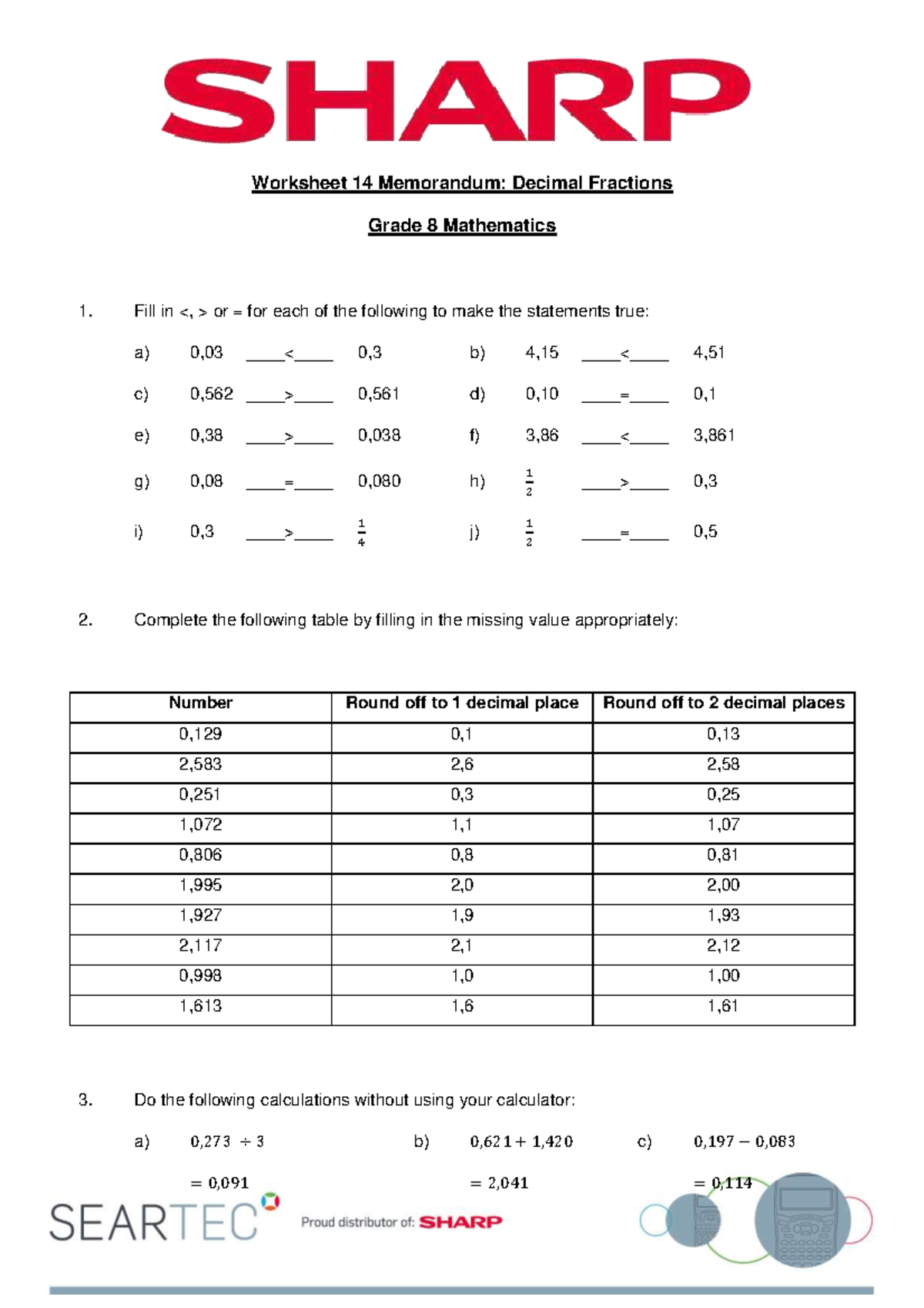 Worksheet 14 Memorandum: Decimal Fractions for Grade 8 Math - Studocu