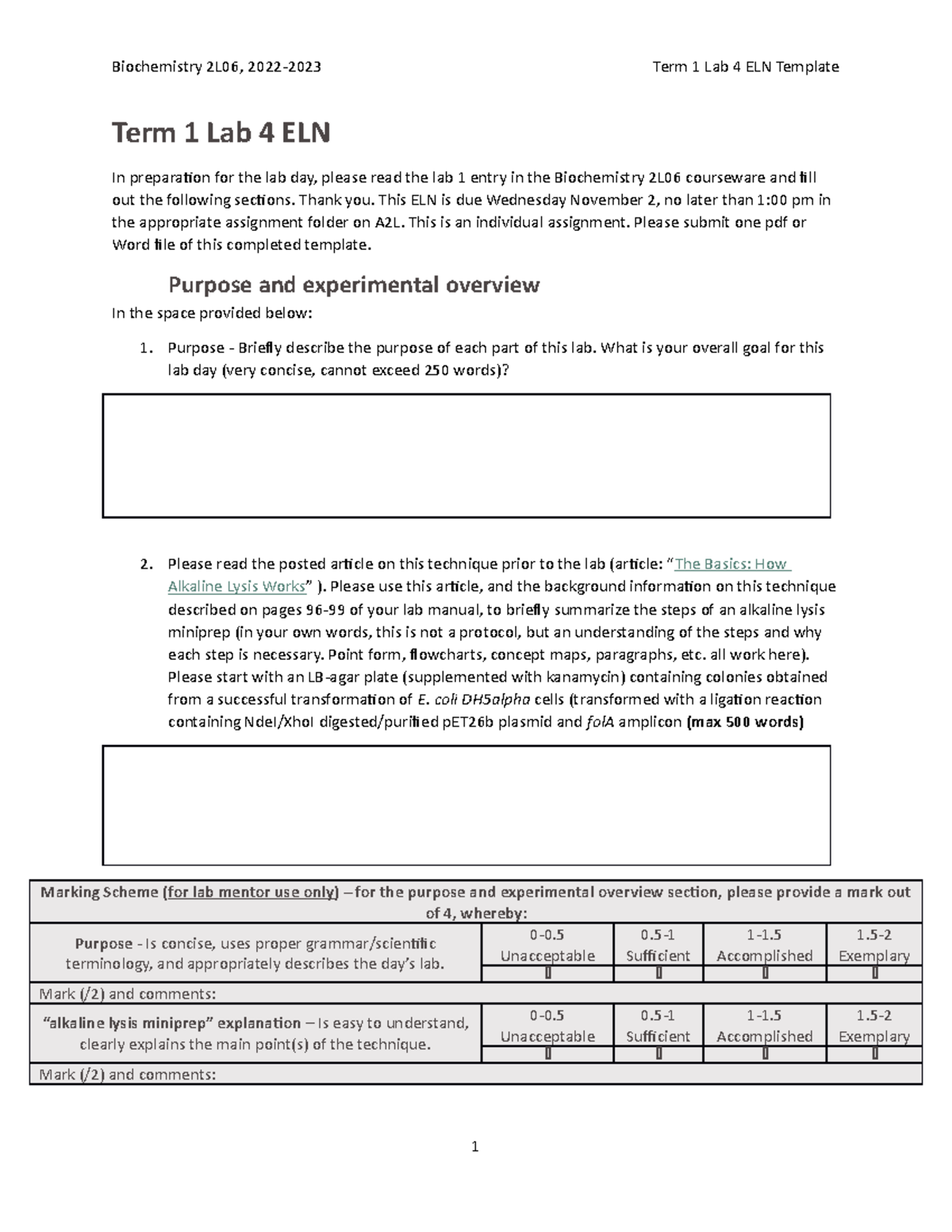 Term 1 Lab 4 ELN Template for Biochemistry 2L06 - Studocu