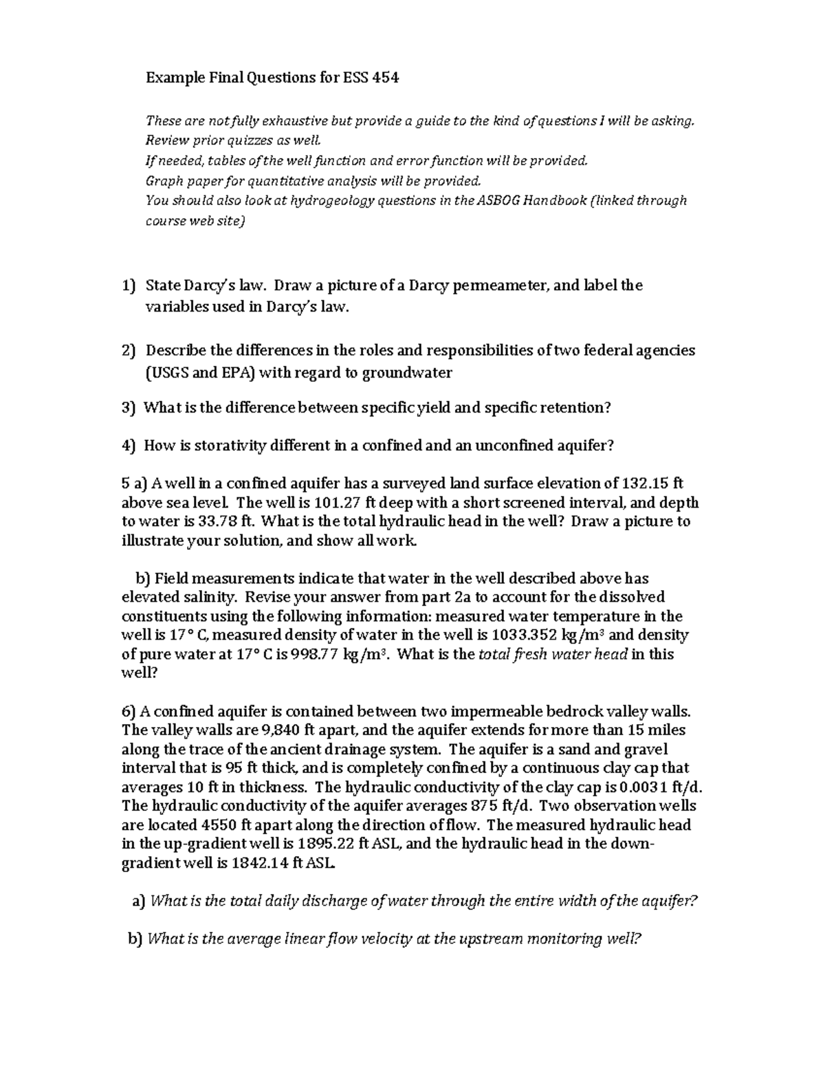 ESS 454 Final Exam: Sample Questions on Darcy's Law and Hydrogeology ...