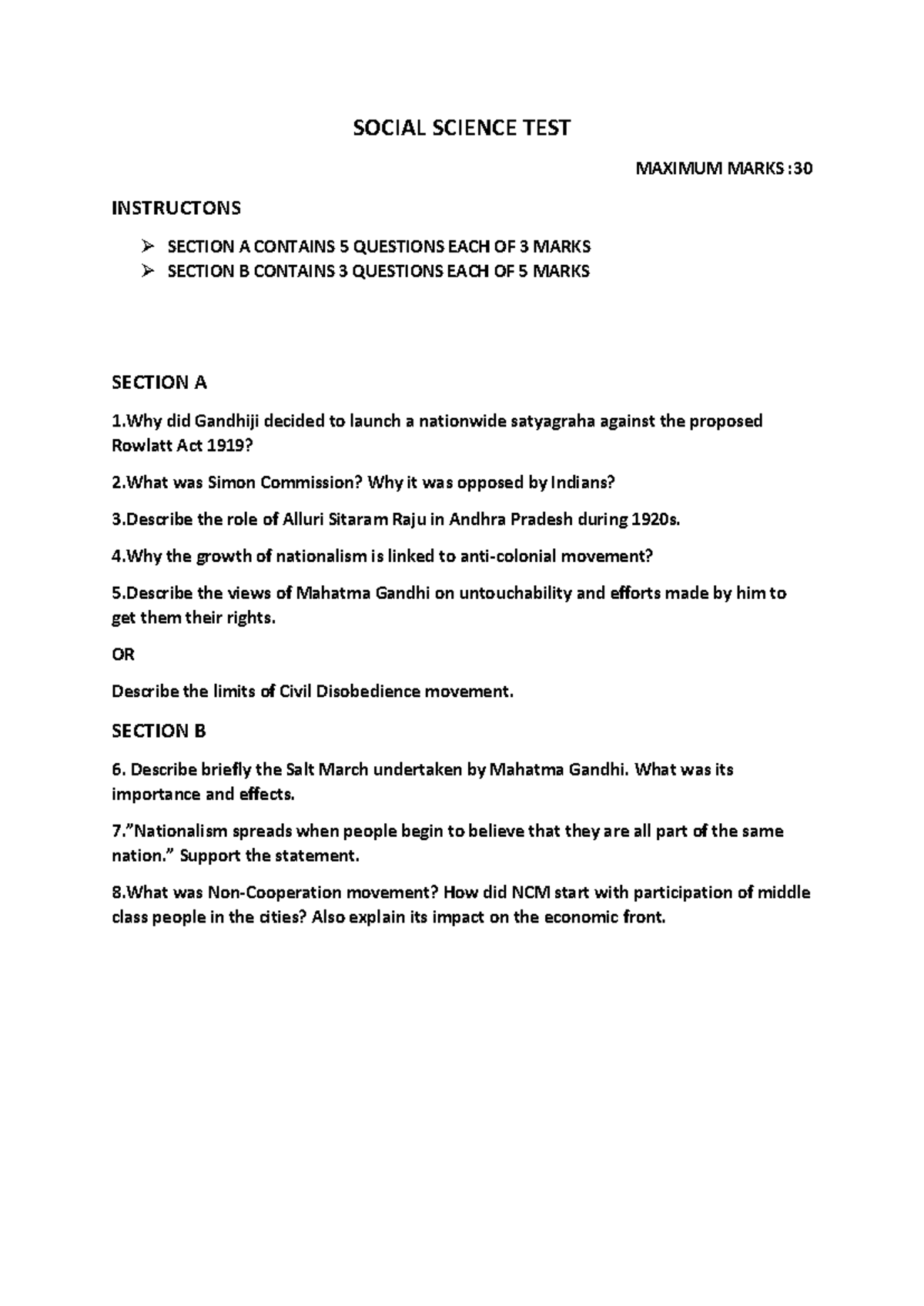 Social Science Test on Nationalism: Key Concepts & Questions - Studocu