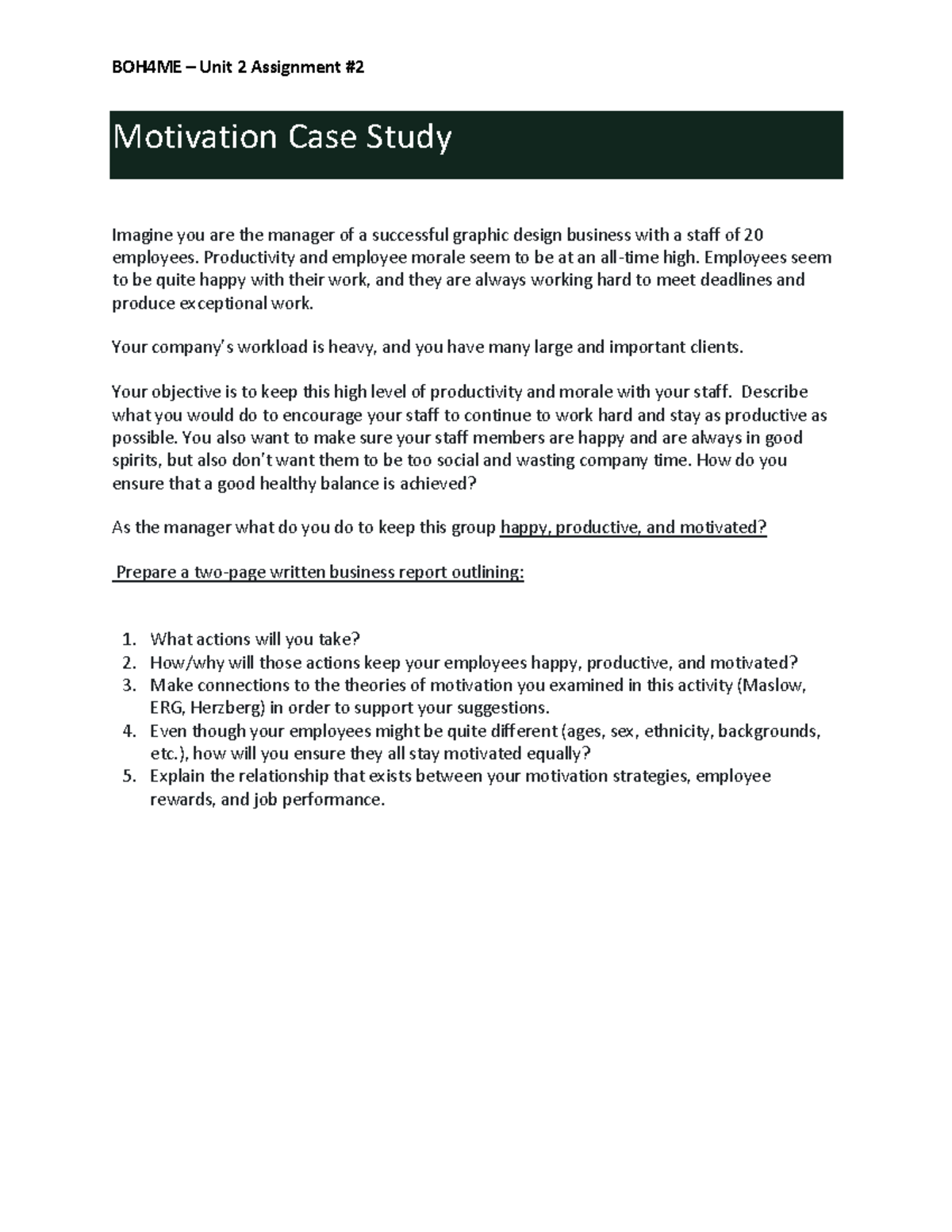 [BOH4ME] - Motivation Case Study Report for Unit 2 Assignment - Studocu
