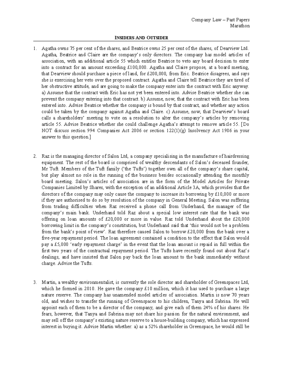 Company Law Past Papers: Insiders and Outsiders Analysis - Studocu