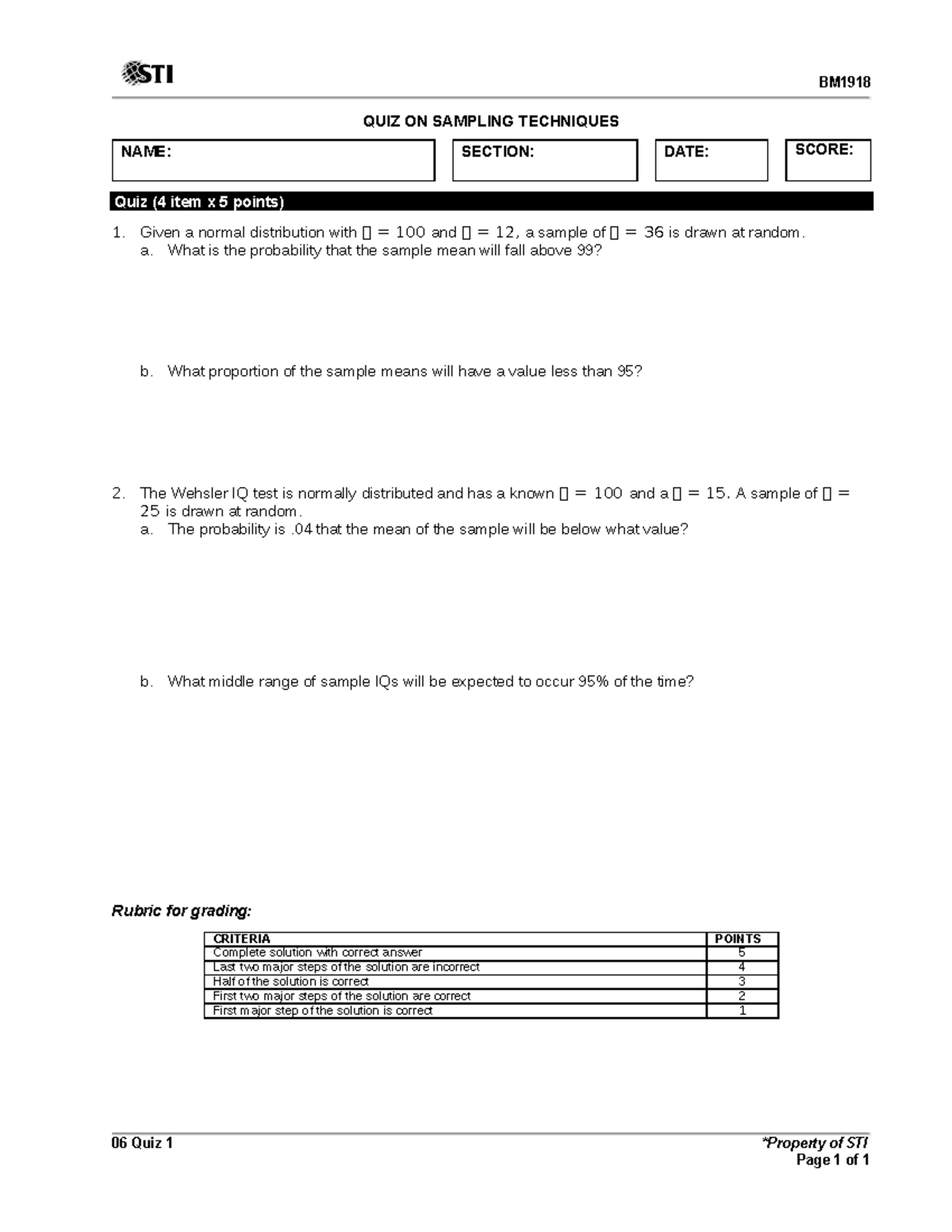 06 Quiz 1 - Sampling Techniques and Probability Concepts - Studocu