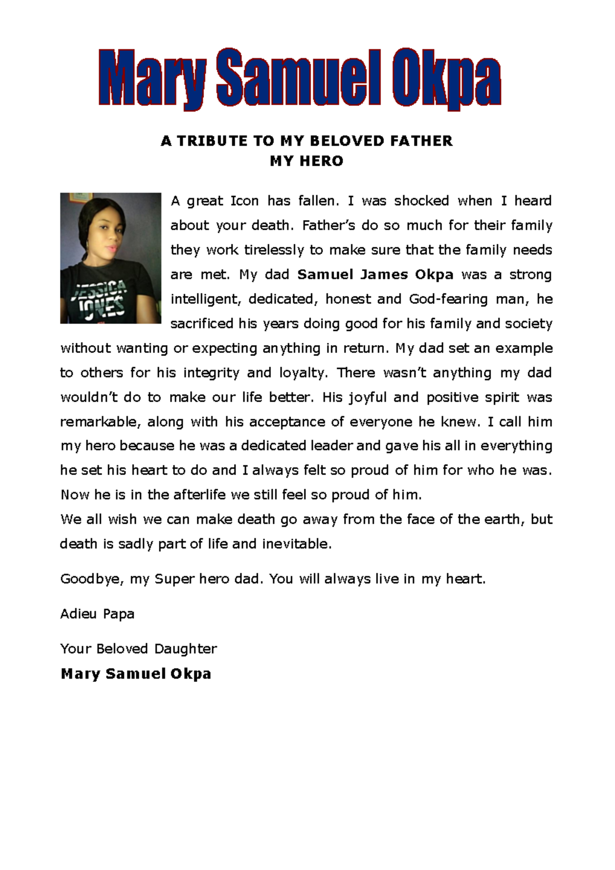 A Heartfelt Tribute to My Beloved Father Samuel James Okpa - Studocu