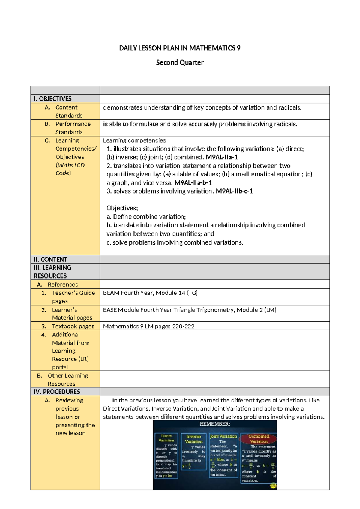 Mathematics 9 Daily Lesson Plan: Combined Variation Concepts - Studocu
