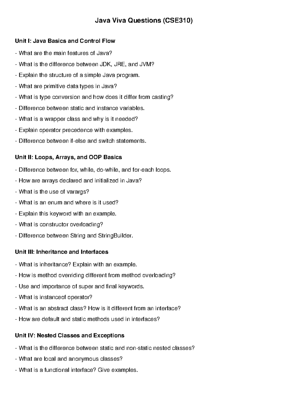 Java Viva Questions (CSE310): Key Concepts & Topics Overview - Studocu