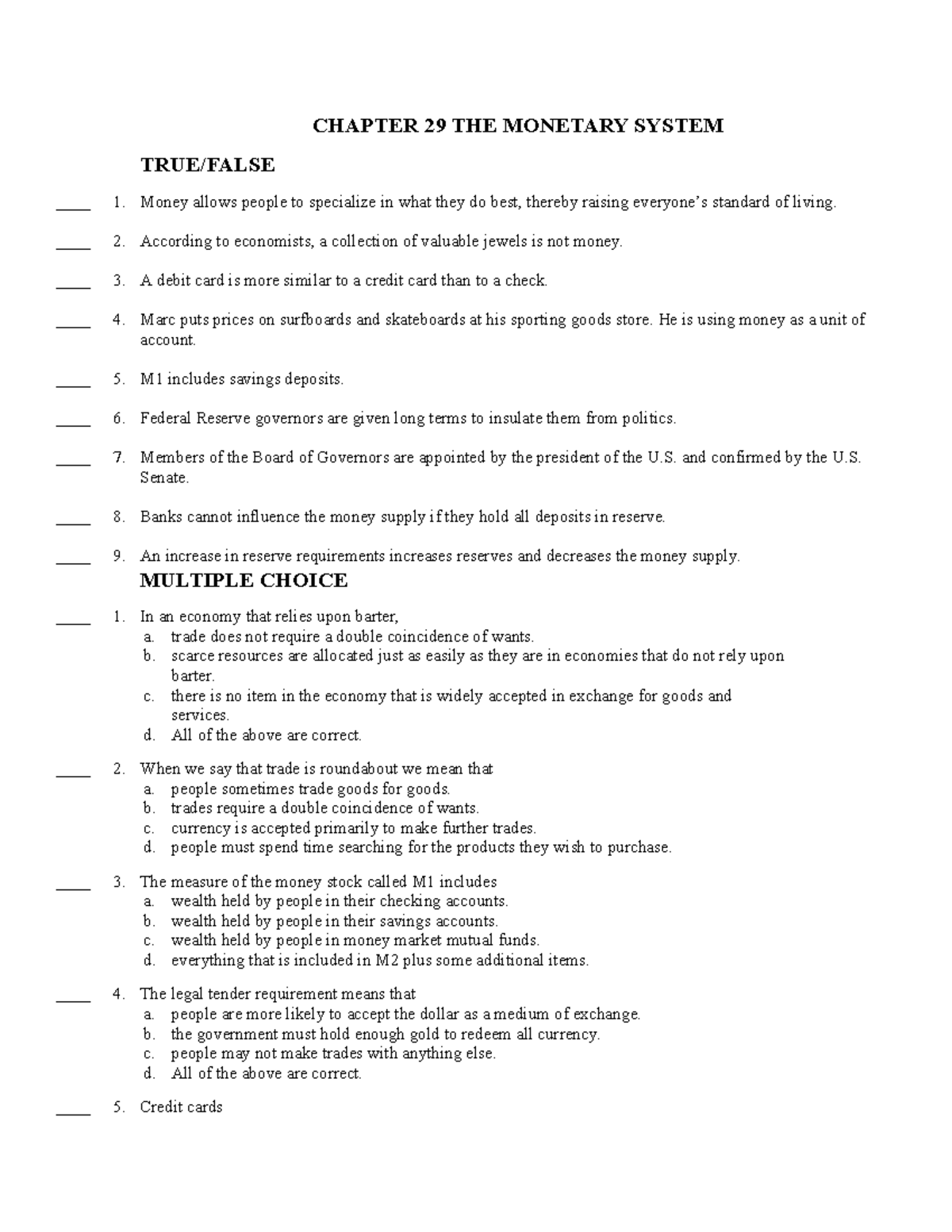 Quiz CH29: The Monetary System with Answer Key - Studocu