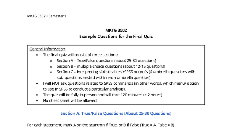 MKTG 3502 Final Quiz Example Questions - No Answers - Studocu