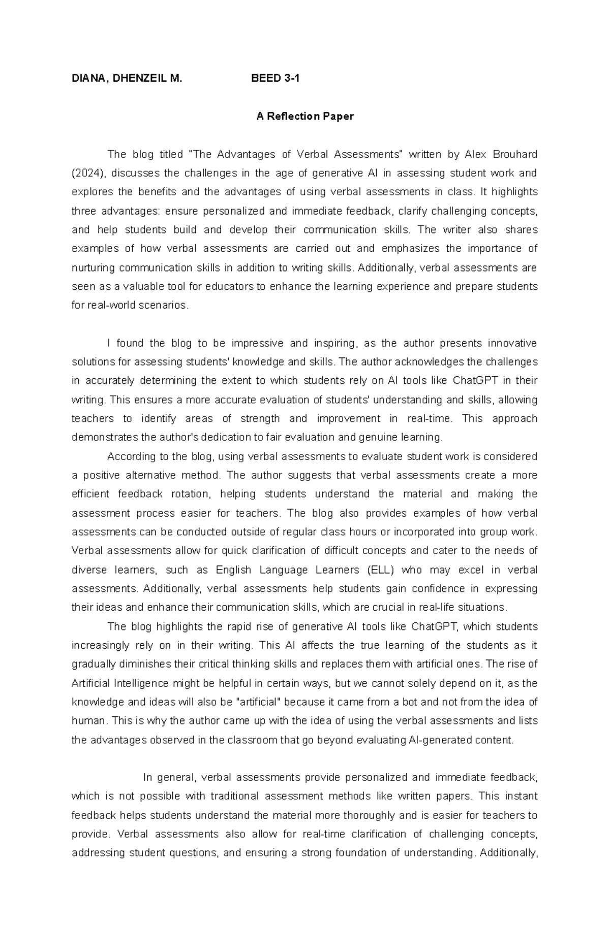 Reflective Journal - DIANA, DHENZEIL M. BEED 3- A Reflection Paper The ...