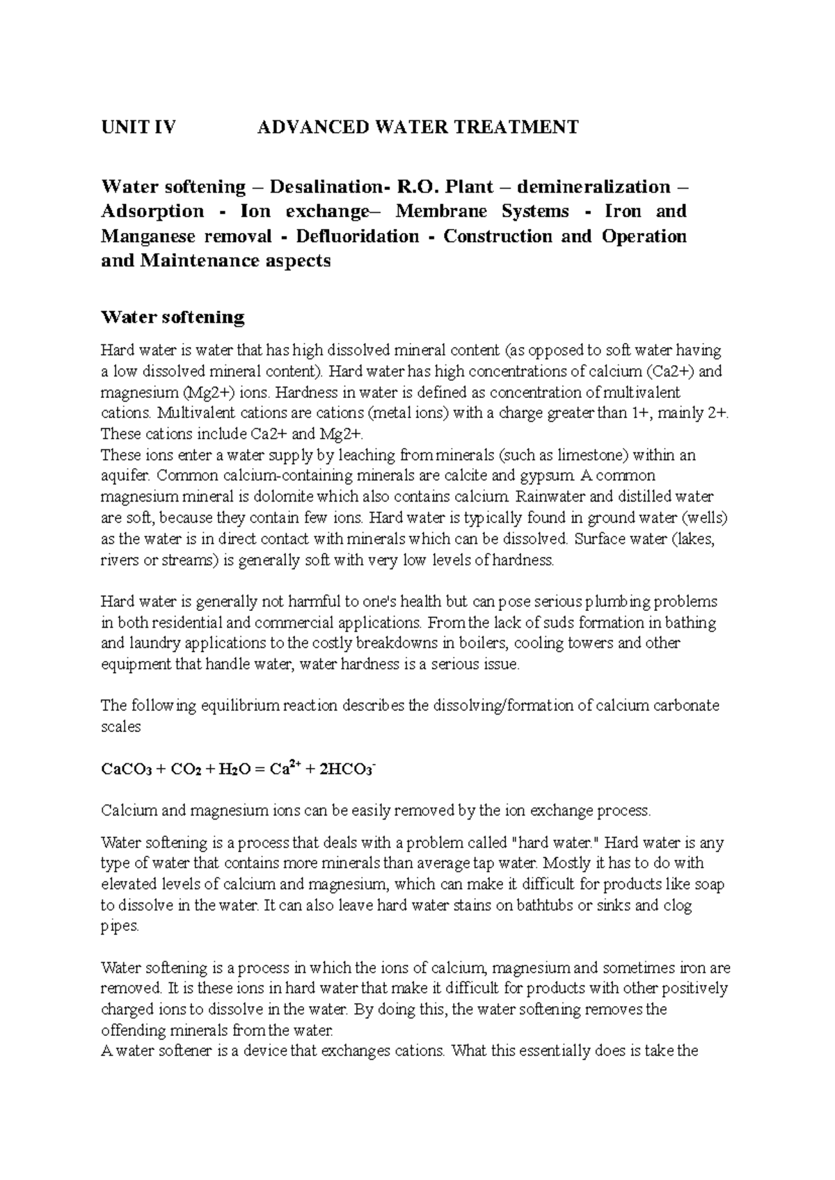 DST Unit 04: Advanced Water Treatment Techniques and Applications - Studocu