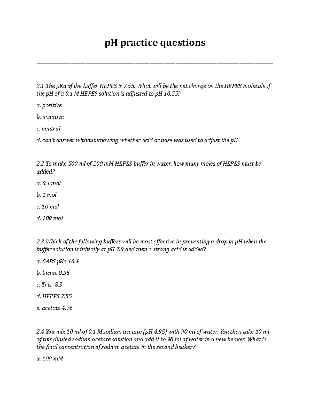 PH Practice Questions: Assessing Buffer Solutions and pH Dynamics - Studocu