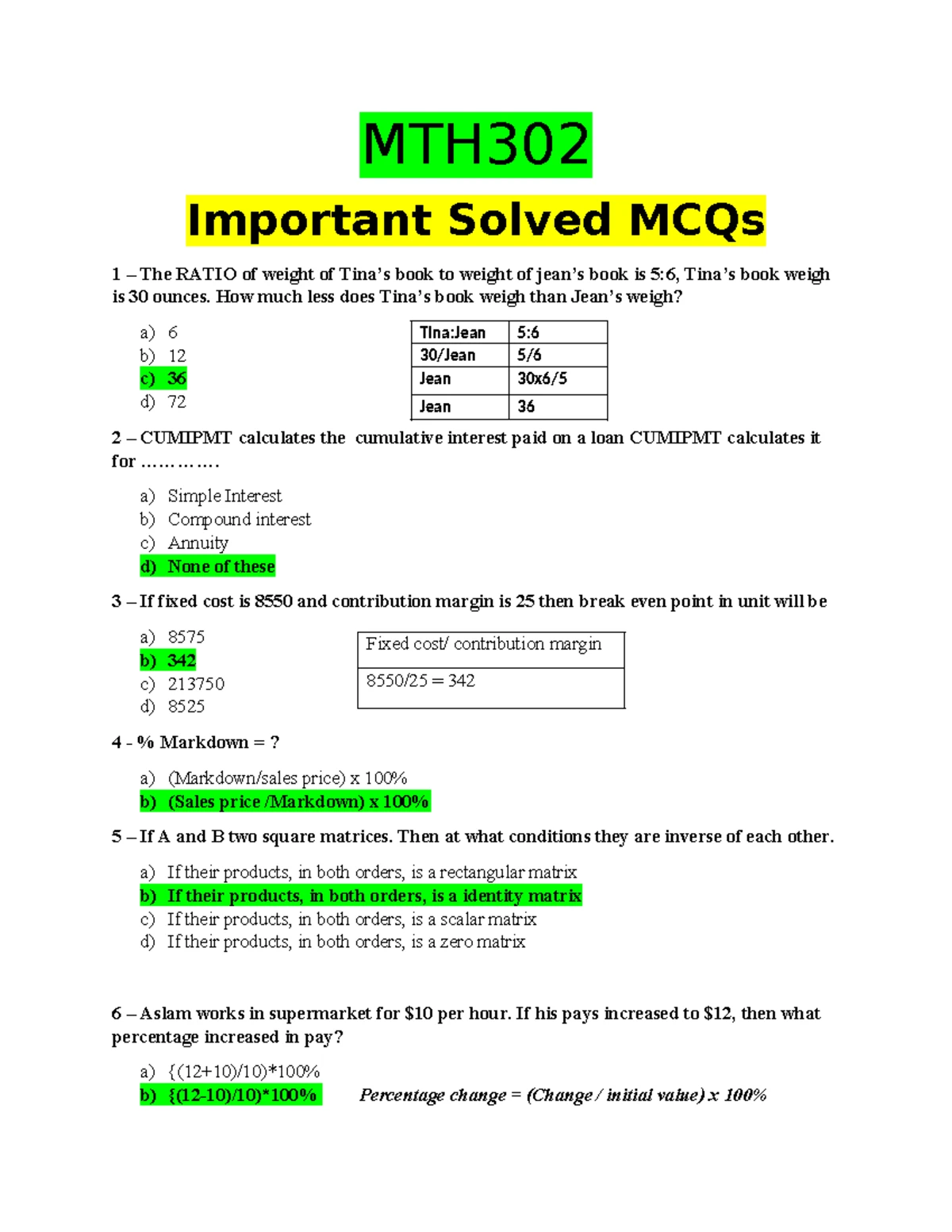MTH302 Solved MCQs Alotof Solved MCQsof MTH 302inonef - Mth302 - Business Mathematics (Online ...