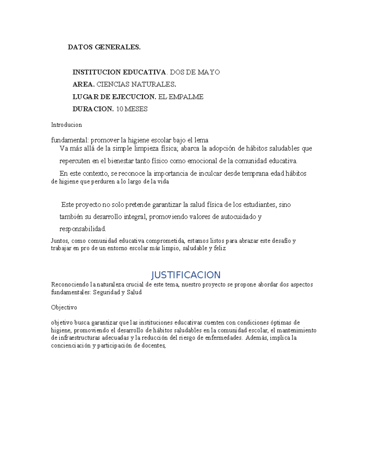 Datos Generales - PROYECTO FINAL - DATOS GENERALES. INSTITUCION ...