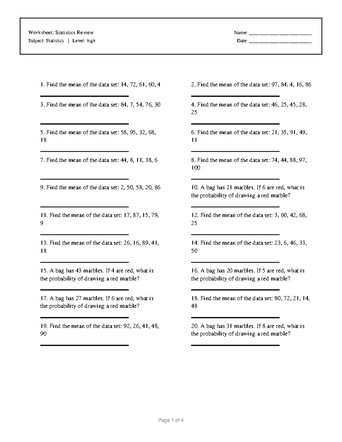 Statistics Review 2: Mean & Probability Worksheet - Studocu